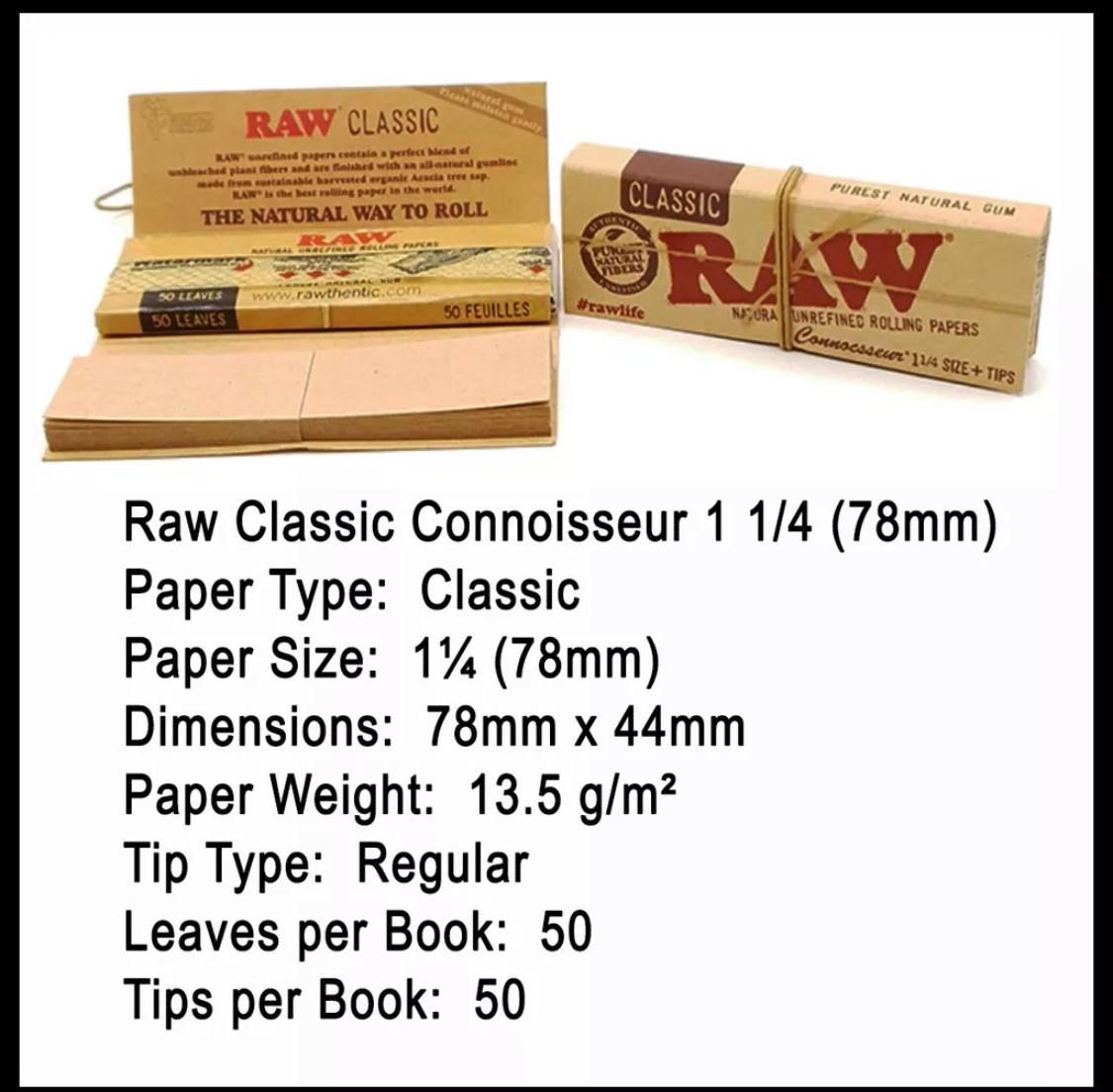 RAW Classic Connoisseur 1 1/4 (78mm) Rolling Papers + Tips – SLSHCO